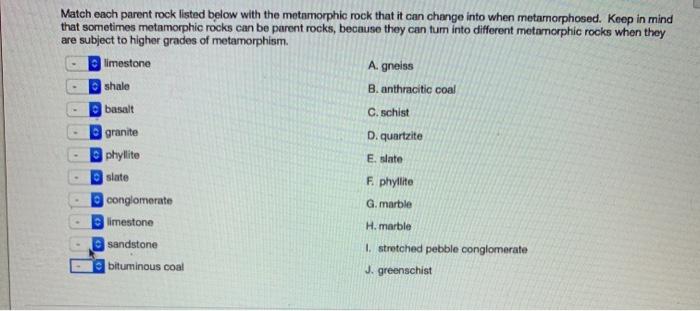 Solved Match each parent rock listed below with the | Chegg.com