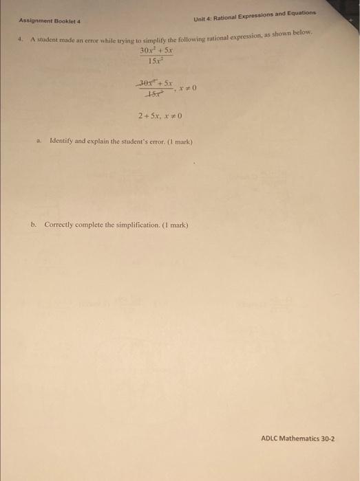 Solved Assignment Booklet 4 Unit 4: Rational Expressions and | Chegg.com