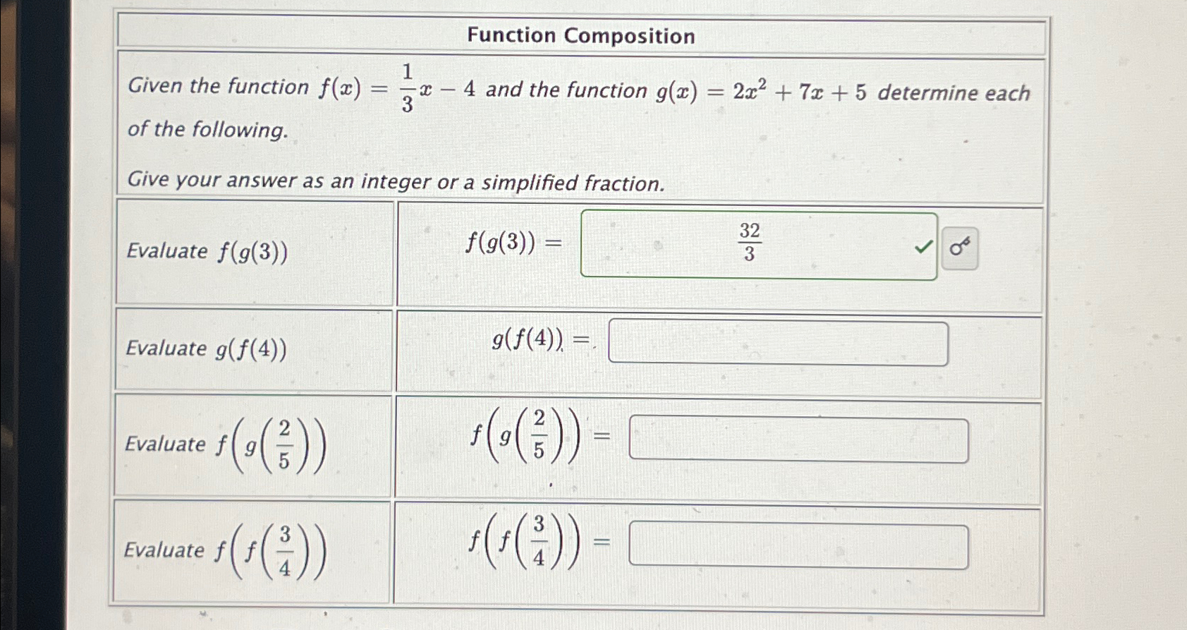 Solved Function CompositionGiven the function f(x)=13x-4 | Chegg.com