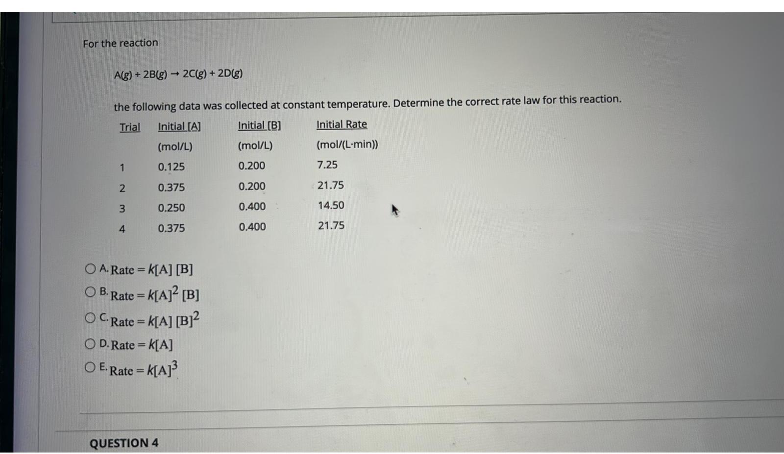 Solved For the reactionA(g)+2B(g)→2C(g)+2D(g)the following | Chegg.com