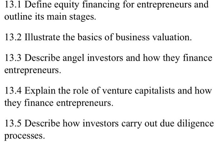 Solved 13.1 Define equity financing for entrepreneurs and | Chegg.com