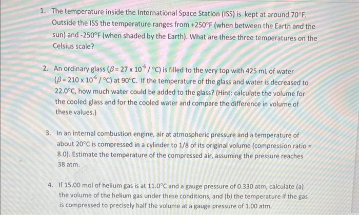 1. The temperature inside the International Space | Chegg.com