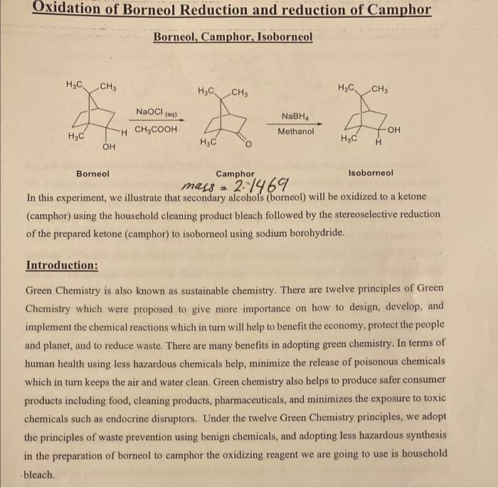 Solved Oxidation of Borneol Reduction and reduction of | Chegg.com