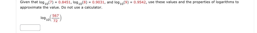 Solved Given that log10(7)~~0.8451,log10(8)~~0.9031, ﻿and | Chegg.com