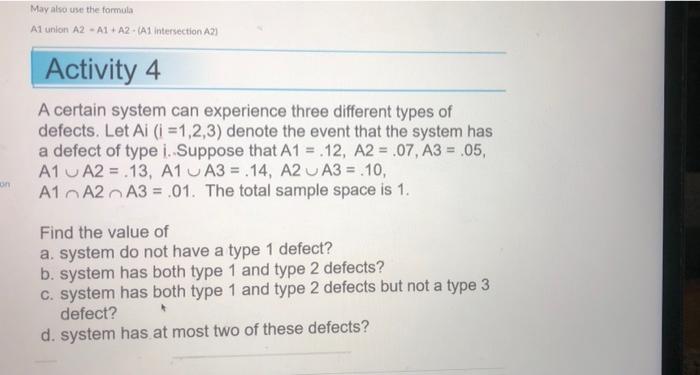 Solved May also use the formula A1 union A2 - A1 A2 A1 | Chegg.com