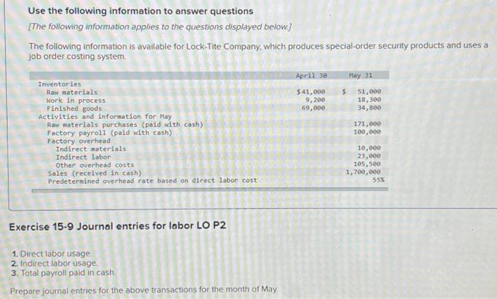 Solved Exercise 15-9 Journal entries for labor LO P2 1. | Chegg.com
