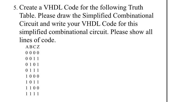 Solved 5. Create a VHDL Code for the following Truth Table. | Chegg.com
