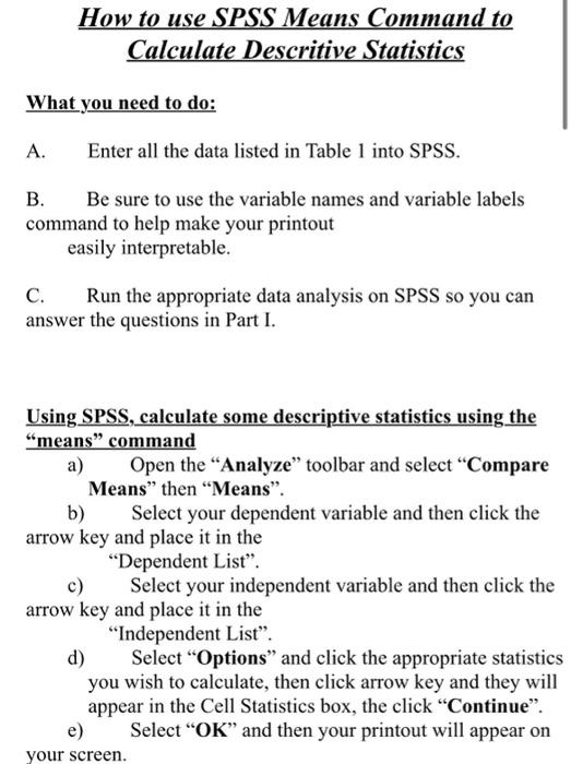 How to use SPSS Means Command to Calculate Descritive | Chegg.com