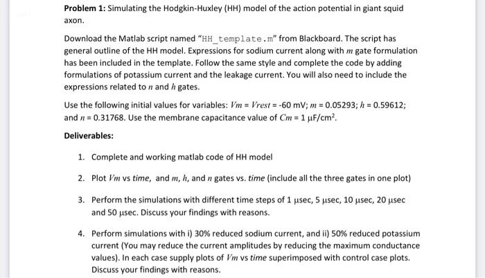 Problem 1: Simulating the Hodgkin-Huxley (HH) model | Chegg.com