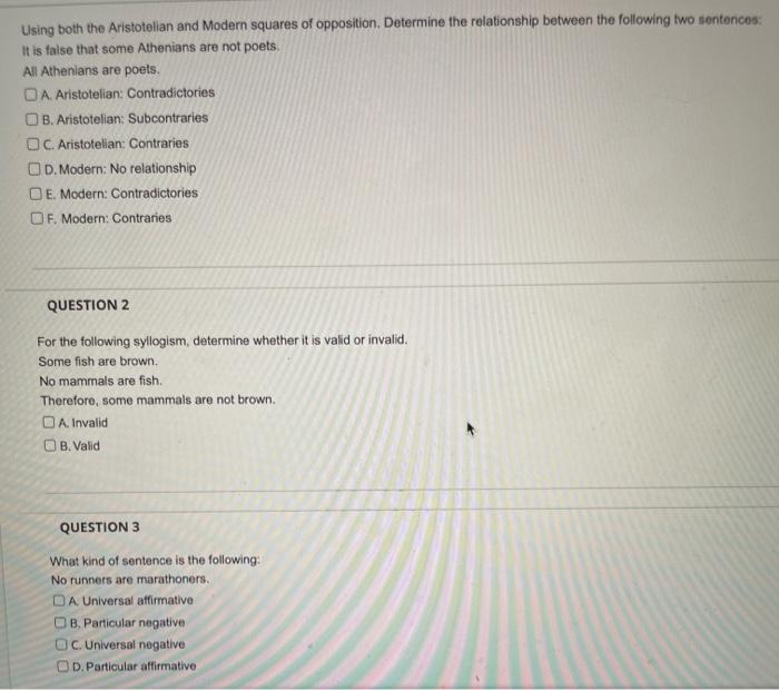 Using both the Aristotelian and Modern squares of | Chegg.com