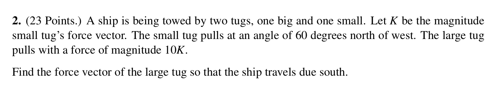 Solved (23 ﻿Points.) ﻿A ship is being towed by two tugs, one | Chegg.com