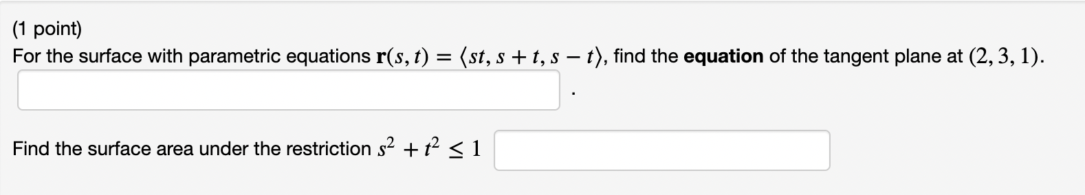 Solved (1 ﻿point)For the surface with parametric equations | Chegg.com