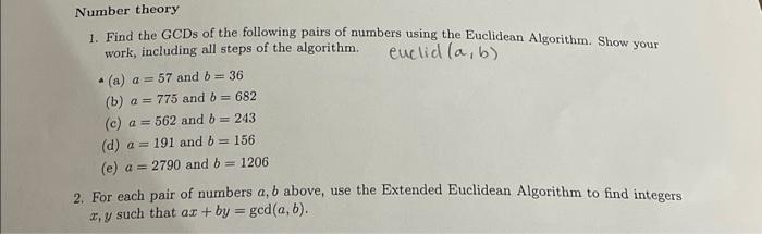 Solved 1. Find the GCDs of the following pairs of numbers | Chegg.com