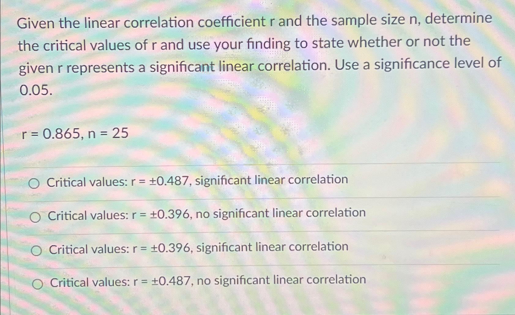 Solved Given the linear correlation coefficient r ﻿and the | Chegg.com