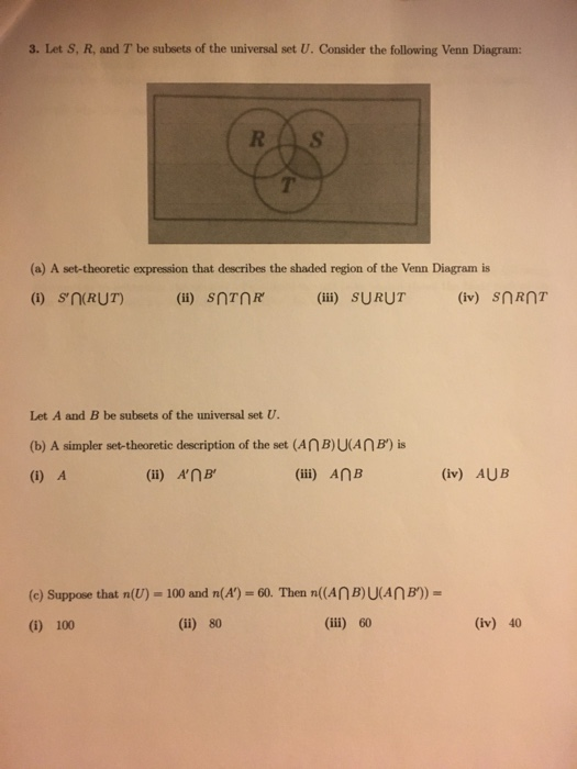 Solved 3. Let S, R, and T be subsets of the universal set U. | Chegg.com