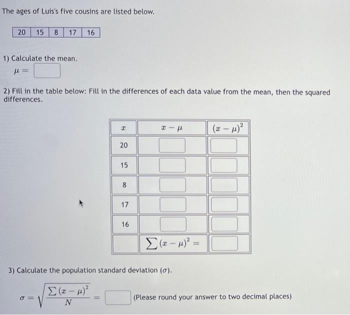 Solved The ages of Luis's five cousins are listed below. 1) | Chegg.com