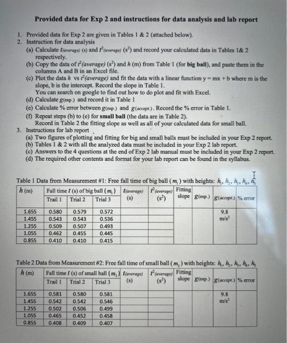 Solved 1. Provided data for Exp 2 are given in Tables 1 \& 2 | Chegg.com