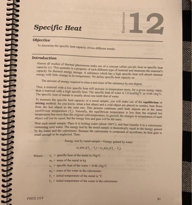 Solved 112 Specific Heat Objective To determine the specific | Chegg.com