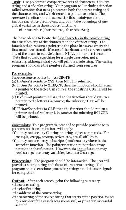 Solved Task: Use pointers to compare two sets of characters, | Chegg.com