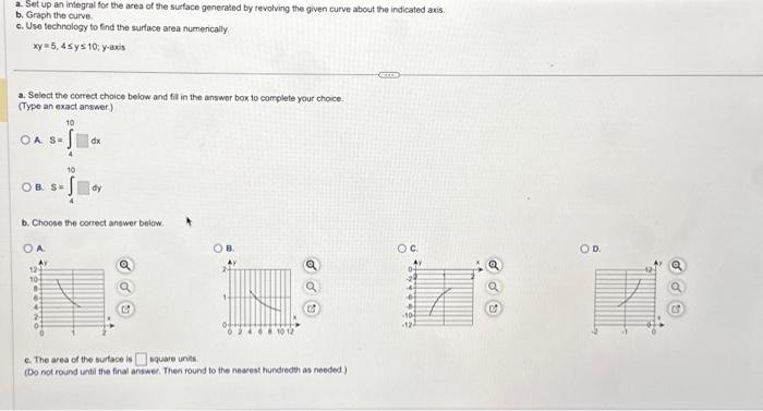 Solved a. Set up an integral for the area of the surface | Chegg.com