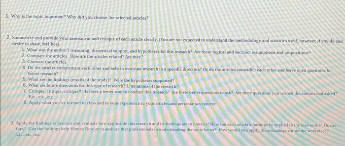 Solved 1. Why is the topic important? Why did you choose the | Chegg.com