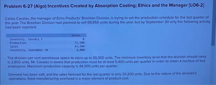 Solved Problem 6-27 (Algo) Incentives Created by Absorption | Chegg.com