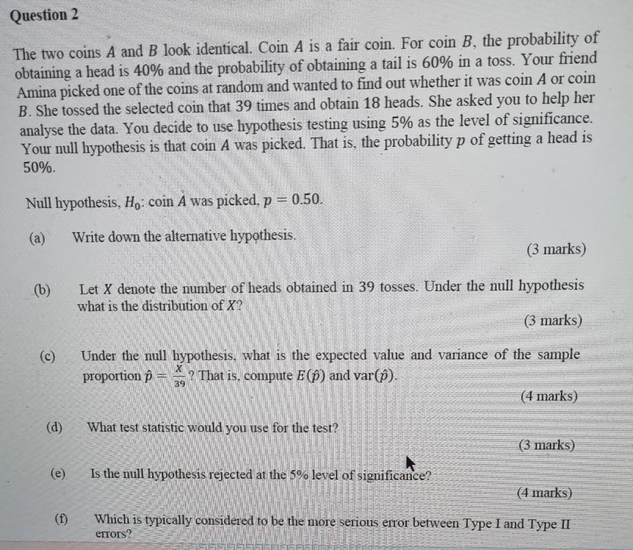 Solved The two coins A and B look identical. Coin A is a | Chegg.com