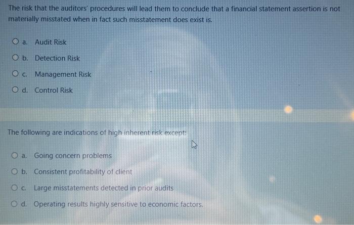 The risk that the auditors' procedures will lead them | Chegg.com