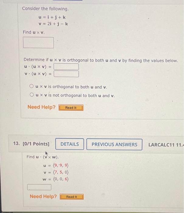 Solved Consider the following. u = i + j + k V = 2i + j - K | Chegg.com
