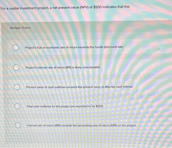 Solved For a capital investment project, a net present value | Chegg.com