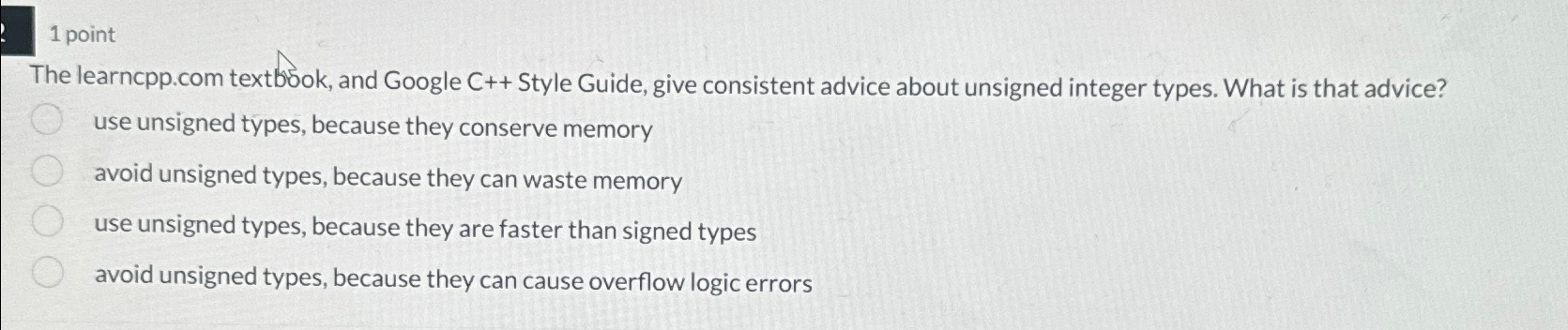 Solved 1 ﻿pointThe learncpp.com textbbok, and Google C++ | Chegg.com