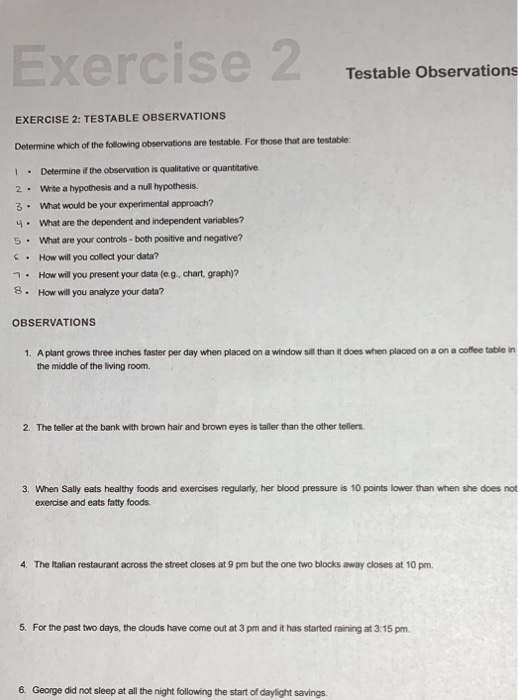 Exercise 2 Testable Observations EXERCISE 2: TESTABLE | Chegg.com