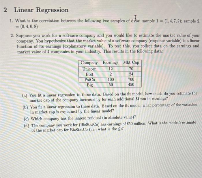 Solved 2)Linear Regression 1. What is the correlation | Chegg.com