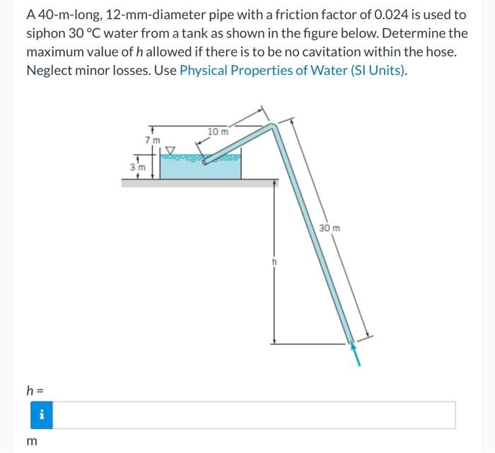 Solved A 40−m-long, 12-mm-diameter pipe with a friction | Chegg.com