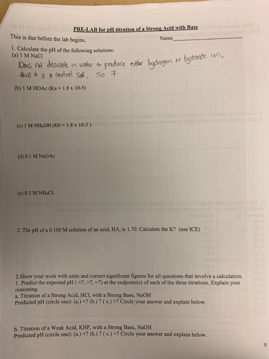 Solved PRE-LAB for pH titration of a Strong Acid with Base | Chegg.com