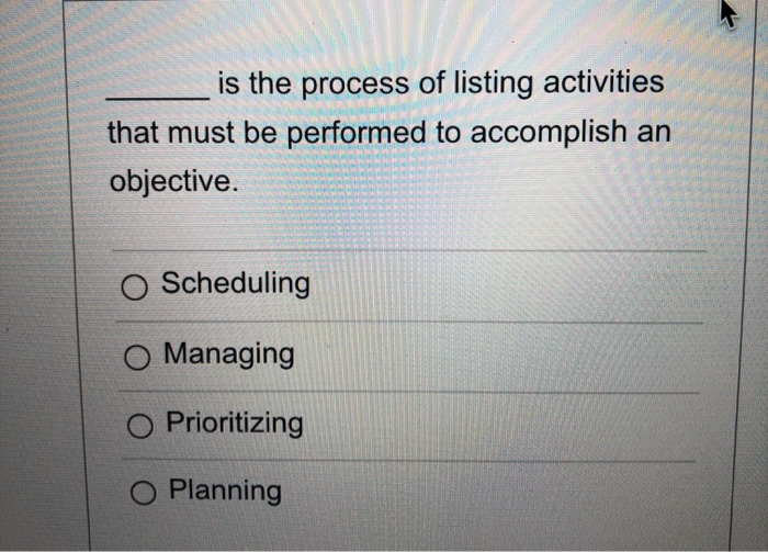 Solved is the process of listing activities that must be | Chegg.com