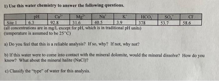 Solved 1) Use this water chemistry to answer the following | Chegg.com