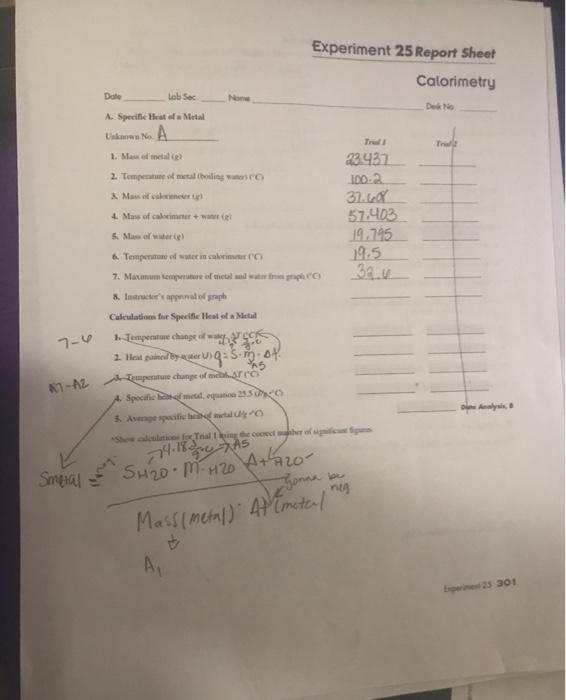 Solved Experiment 25 Report Sheet Calorimetry Date leb Sec | Chegg.com