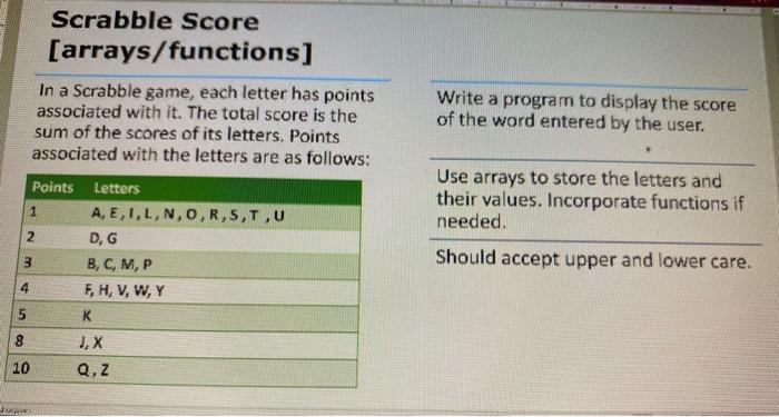 Solved Scrabble Score [arrays/functions] In a Scrabble game, | Chegg.com