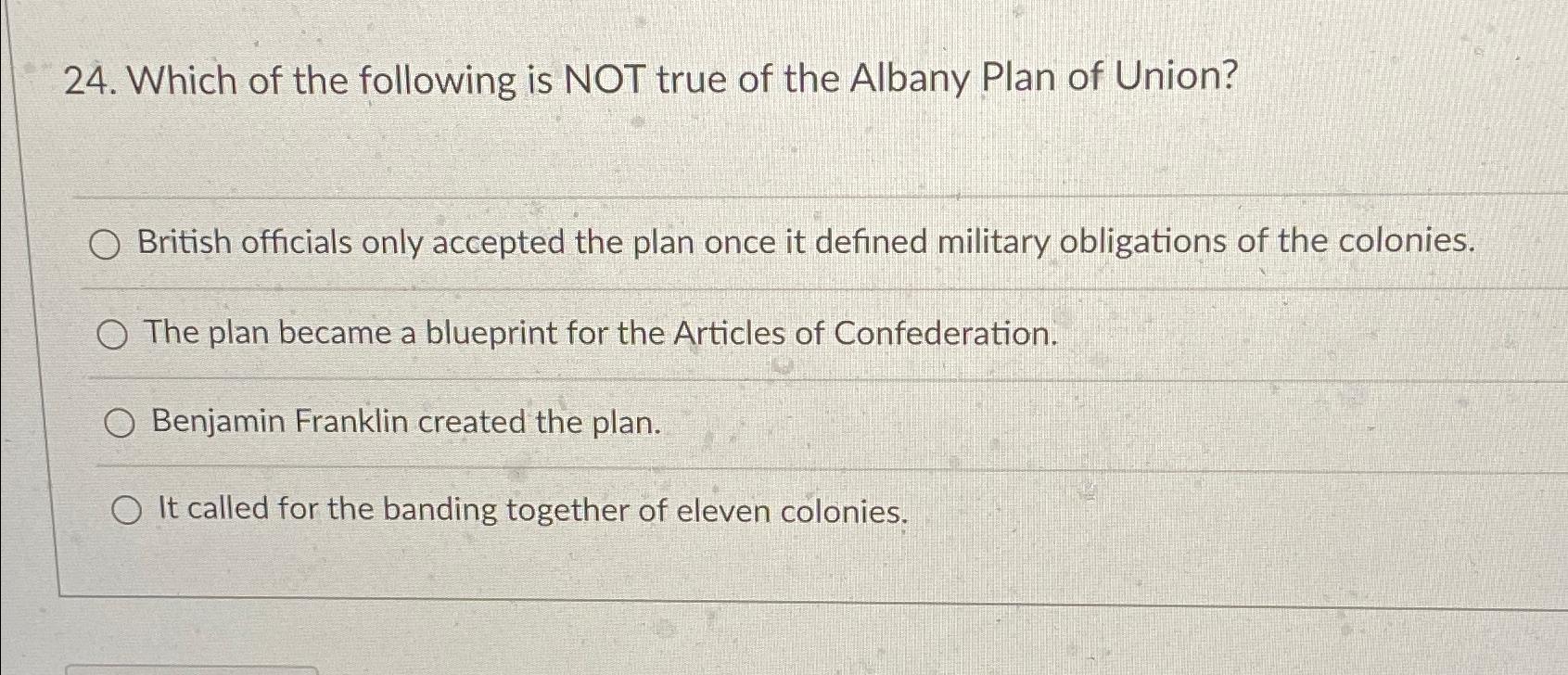 Solved Which of the following is NOT true of the Albany Plan | Chegg.com