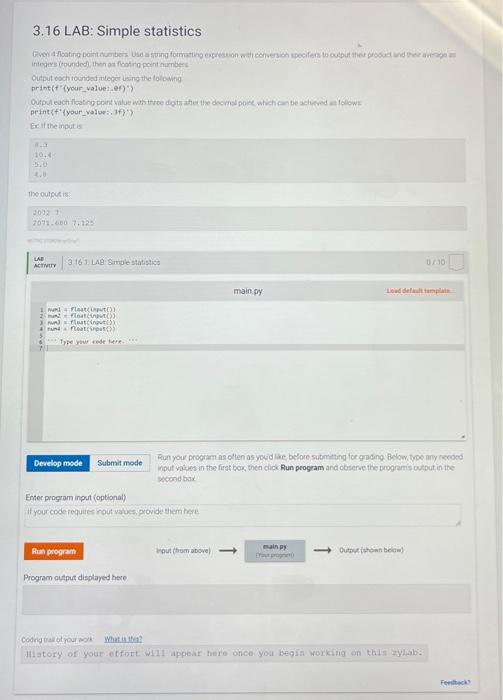 3.16 LAB: Simple statistics inicgers irounded, then | Chegg.com