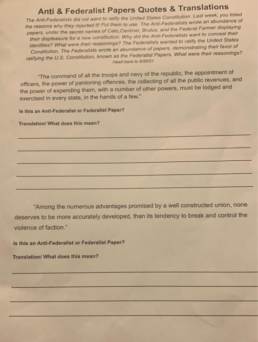 Solved Anti & Federalist Papers Quotes & Translations The | Chegg.com