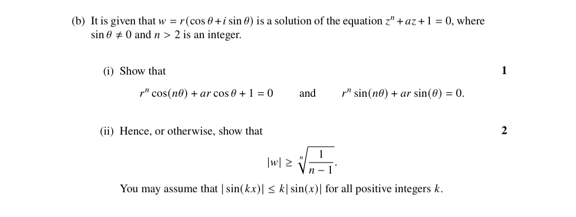 Solved (b) ﻿It is given that w=r(cosθ+isinθ) ﻿is a solution | Chegg.com