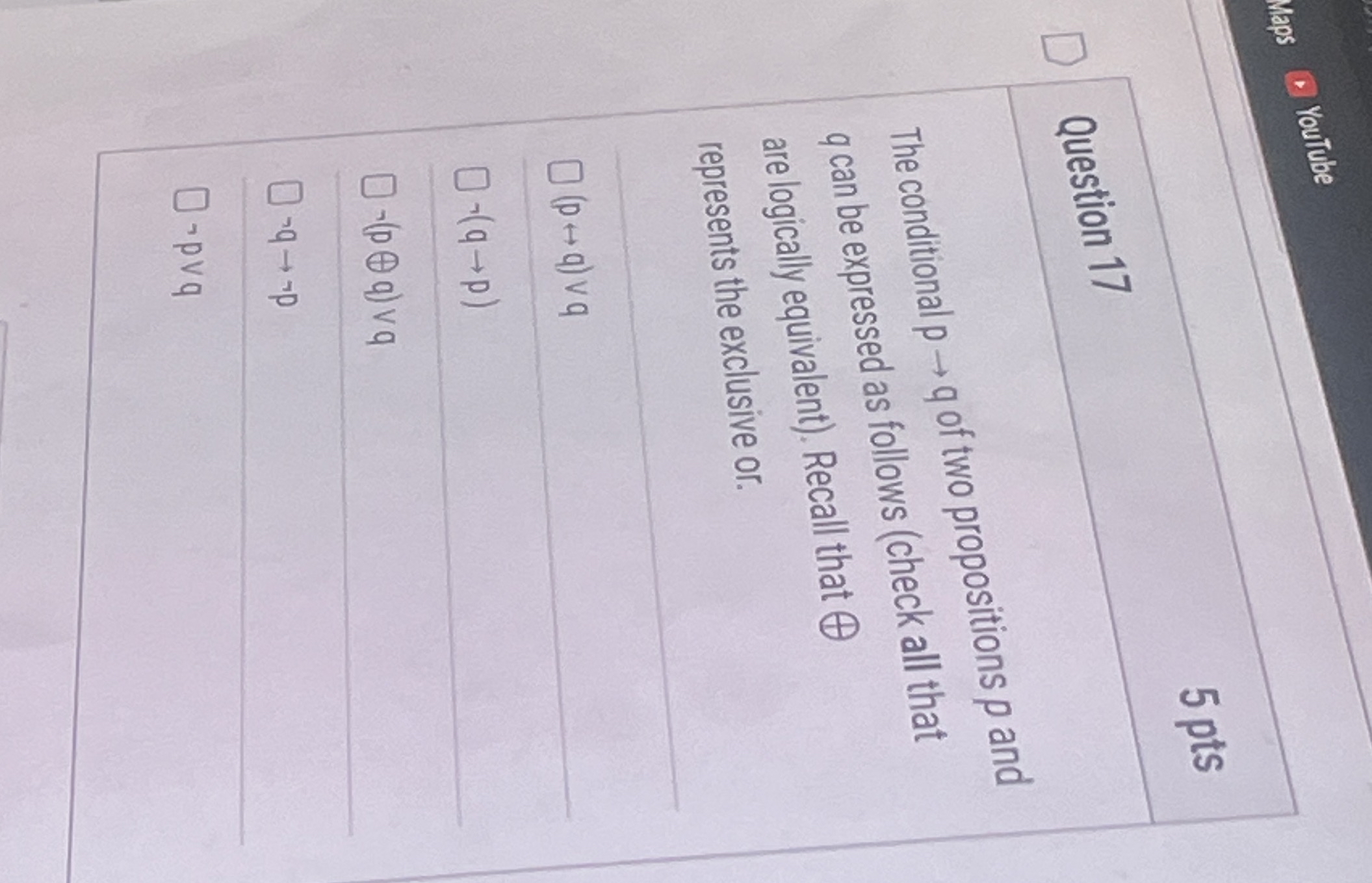 Question 17The conditional p→q ﻿of two propositions p | Chegg.com