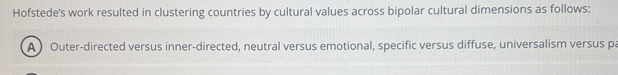 Solved Hofstede's work resulted in clustering countries by | Chegg.com
