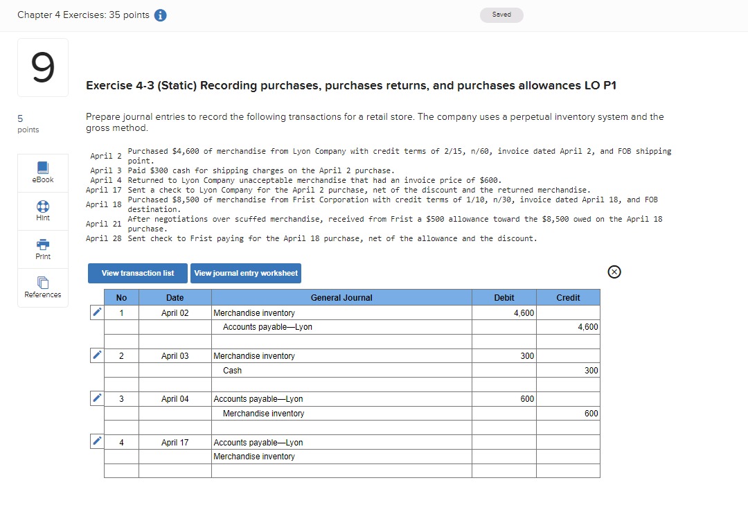 Solved Exercise 4-3 (Static) ﻿Recording purchases, purchases | Chegg.com