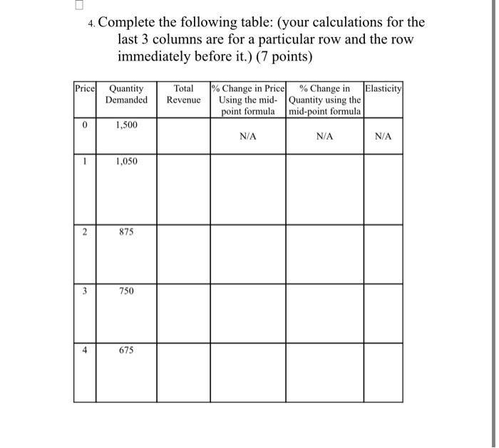 Solved 4. Complete the following table: (your calculations | Chegg.com
