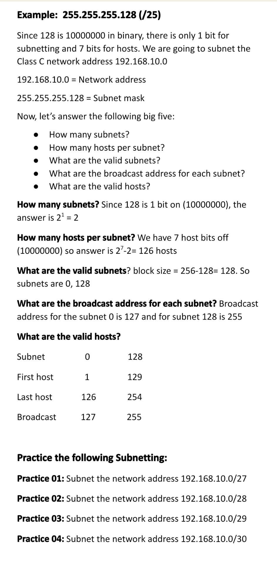 Solved 192.168.10.0 = Network address 255.255.255.128= | Chegg.com