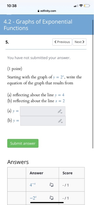 Solved 10:38 edfinity.com 4.2 - Graphs of Exponential | Chegg.com