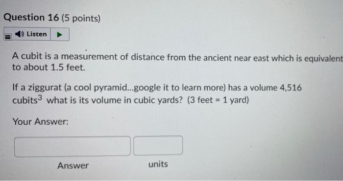 Solved A cubit is a measurement of distance from the ancient | Chegg.com